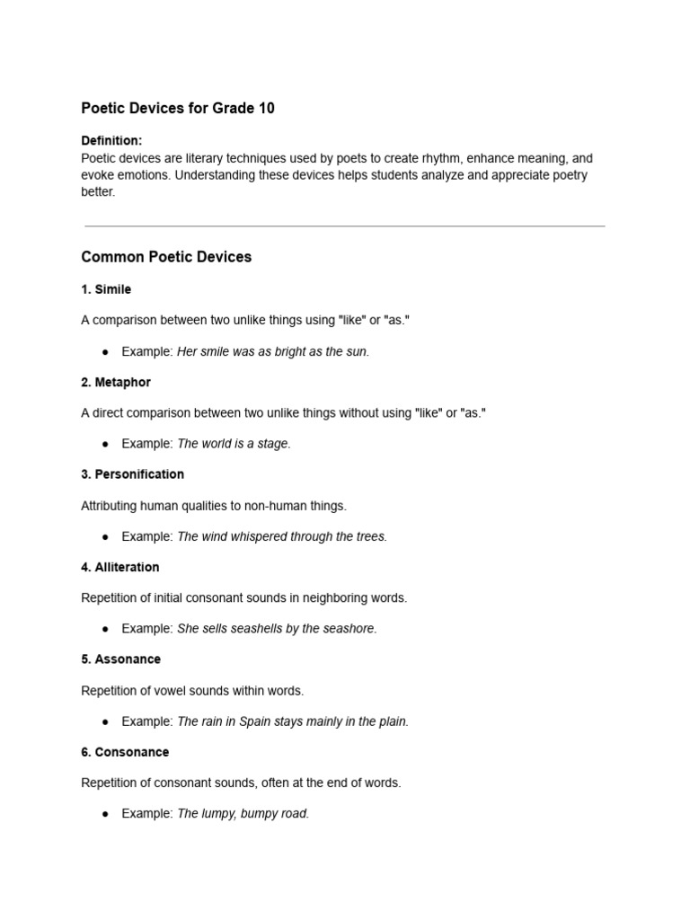 Poetic Devices Guide for Grade 10 | PDF | Poetry | Rhyme