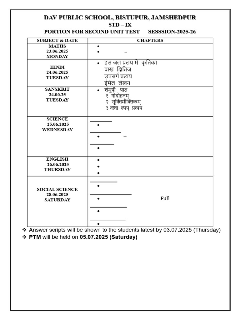 DAV Public School IX Unit Test Syllabus | PDF