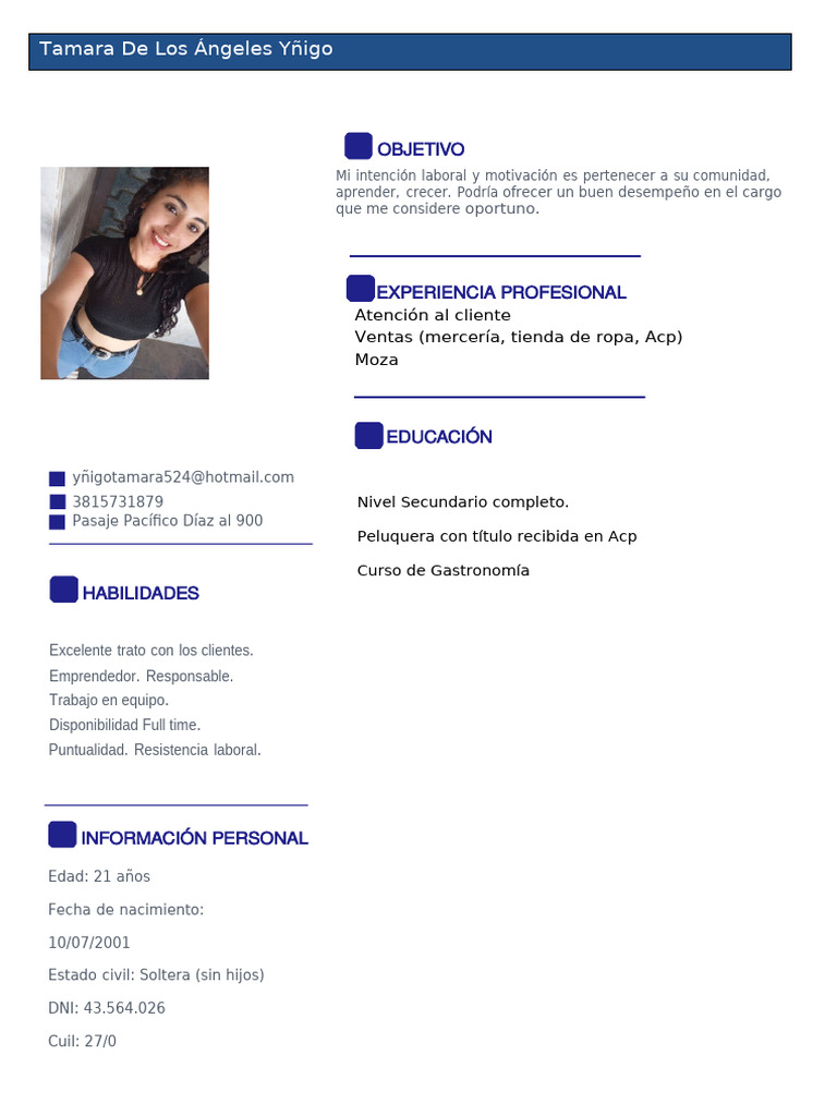 CV de Tamara Yñigo: Atención al Cliente | PDF