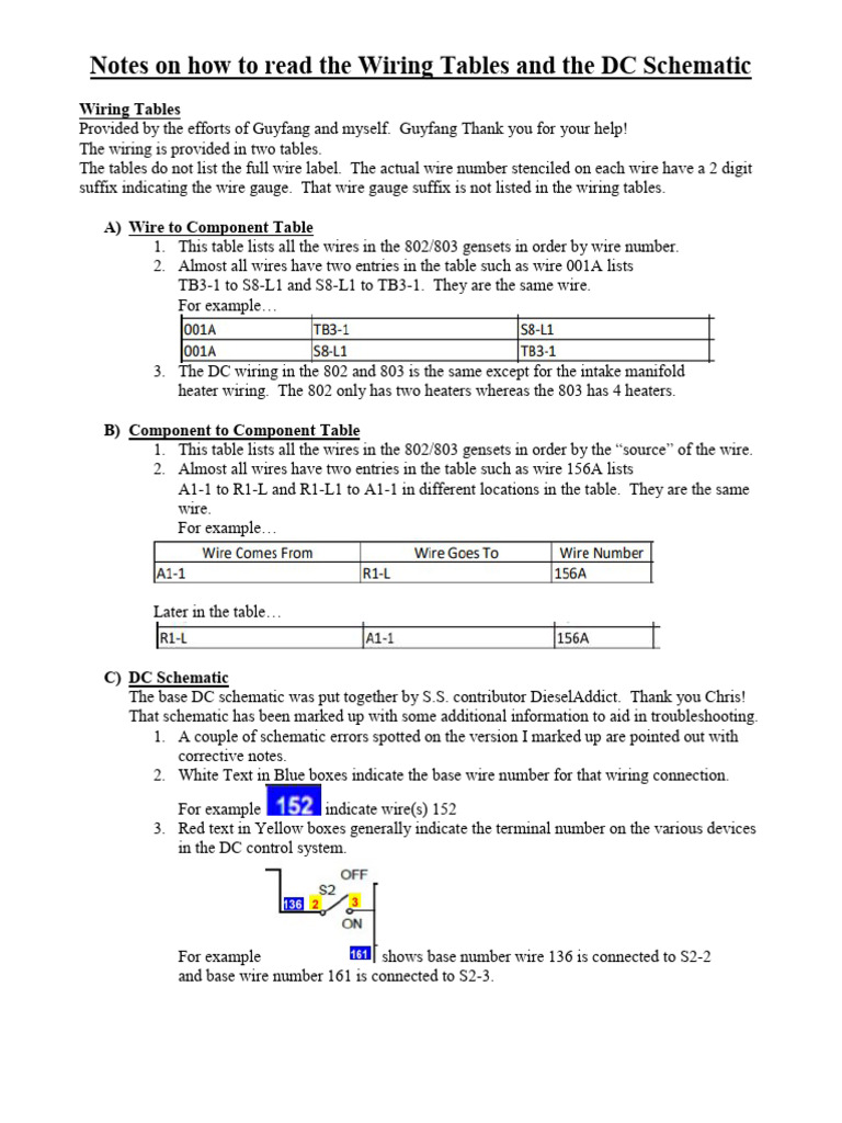 Notes On How To Read The Wiring Tables and The DC Schematic | PDF ...