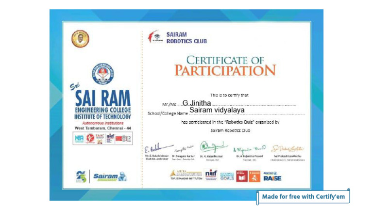 Certificate For G.jinitha For Quiz Form For 6th To 8th St... | PDF