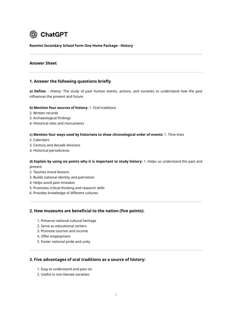 History Form1 Answers | PDF