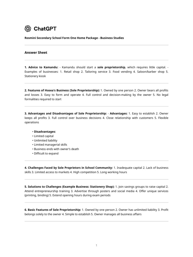 Business Studies Answer Key | PDF | Sole Proprietorship | Entrepreneurship