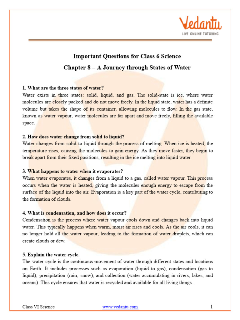 Class 6 Important Questions Chapter 8 A Journey Through States of Water ...