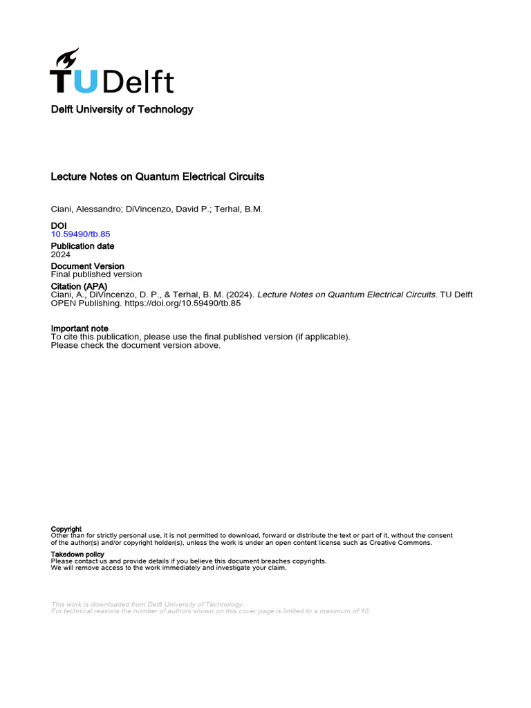 Lecture Notes On Quantum Electrical Circuits | PDF | Inductance | Voltage