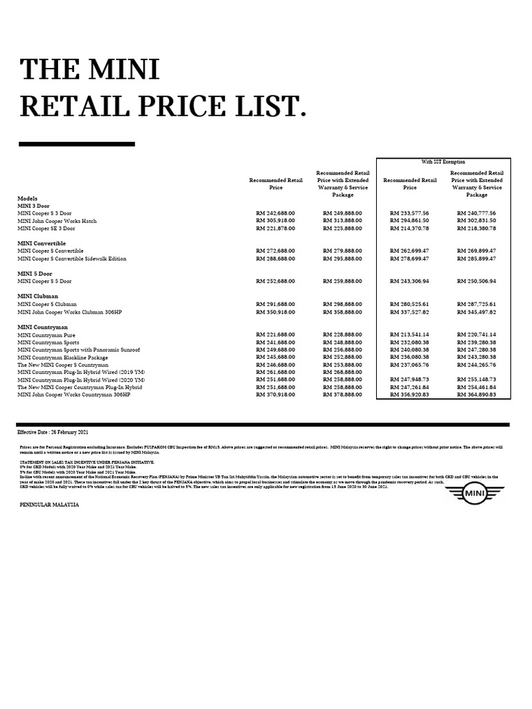 MINI Malaysia Retail Price List 2021 | PDF | Mini | Vehicles