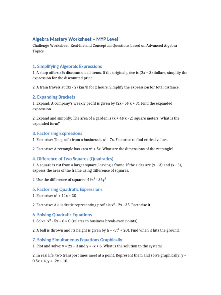 Advanced Algebra Challenge Worksheet | PDF | Factorization | Quadratic ...