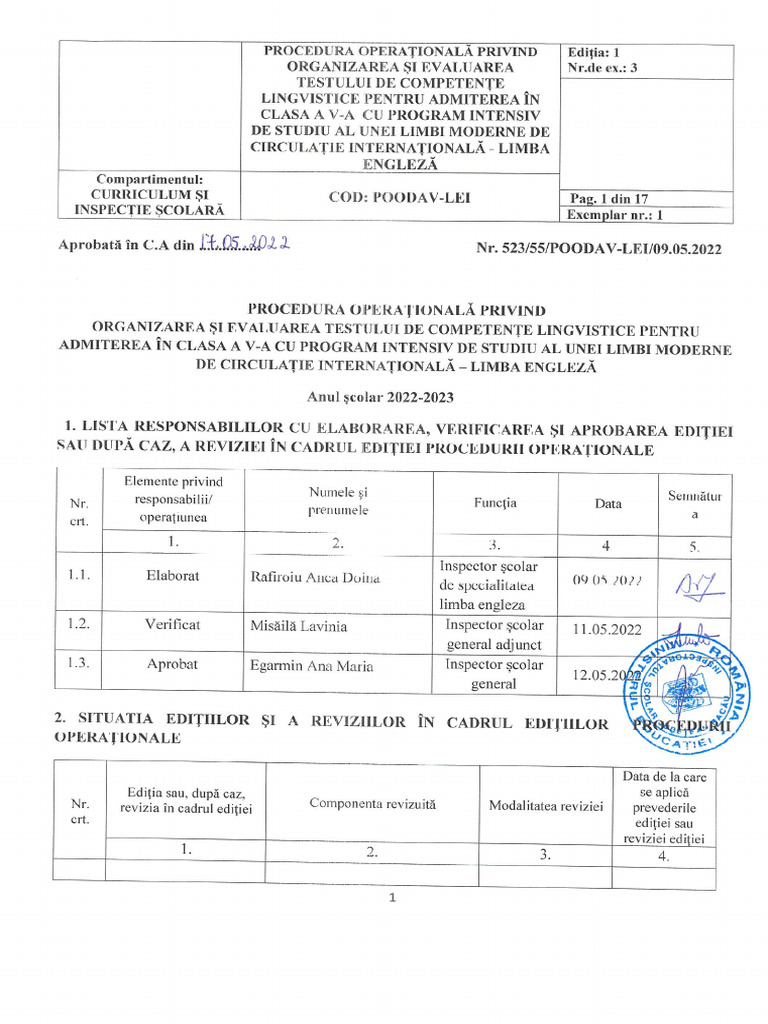 Po Oranizare Si Desfasurate Test CL A V A Intensiv Engleza 2022 1 | PDF