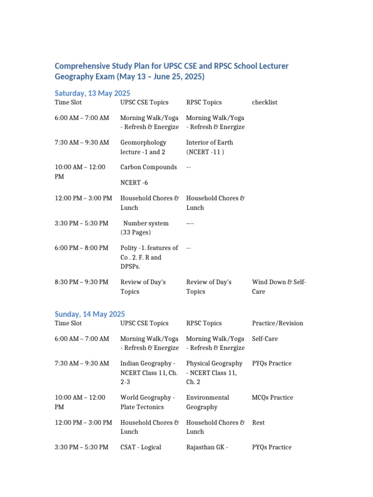 UPSC CSE & RPSC Study Schedule 2025 | PDF | Science | Natural Sciences