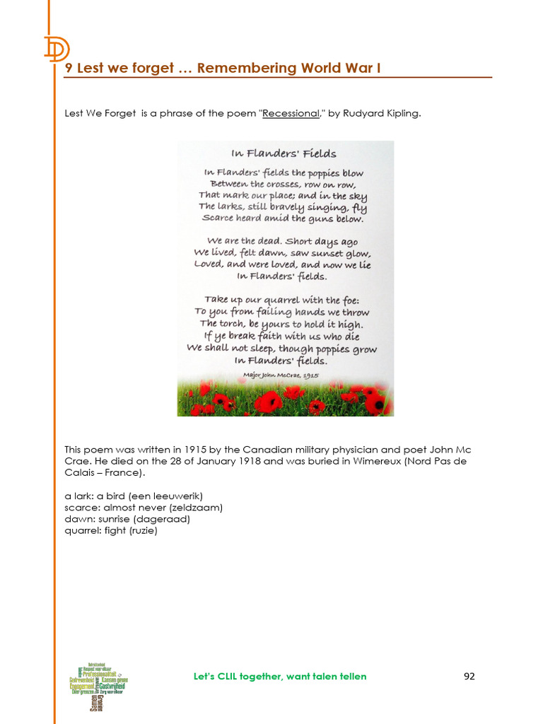 Cursus CLIL 5TSO 2024-2025 Unit 9 Lest We Forget ... Remembering WWI ...