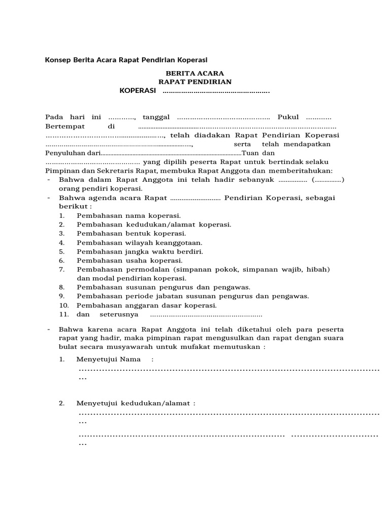 Konsep Berita Acara Rapat Pendirian Koperasi | PDF
