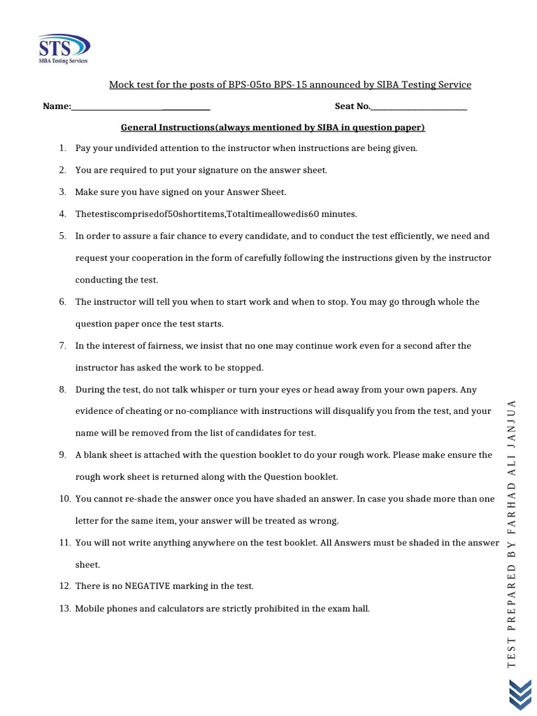 Mock Test 2 For The Posts of BPS | PDF