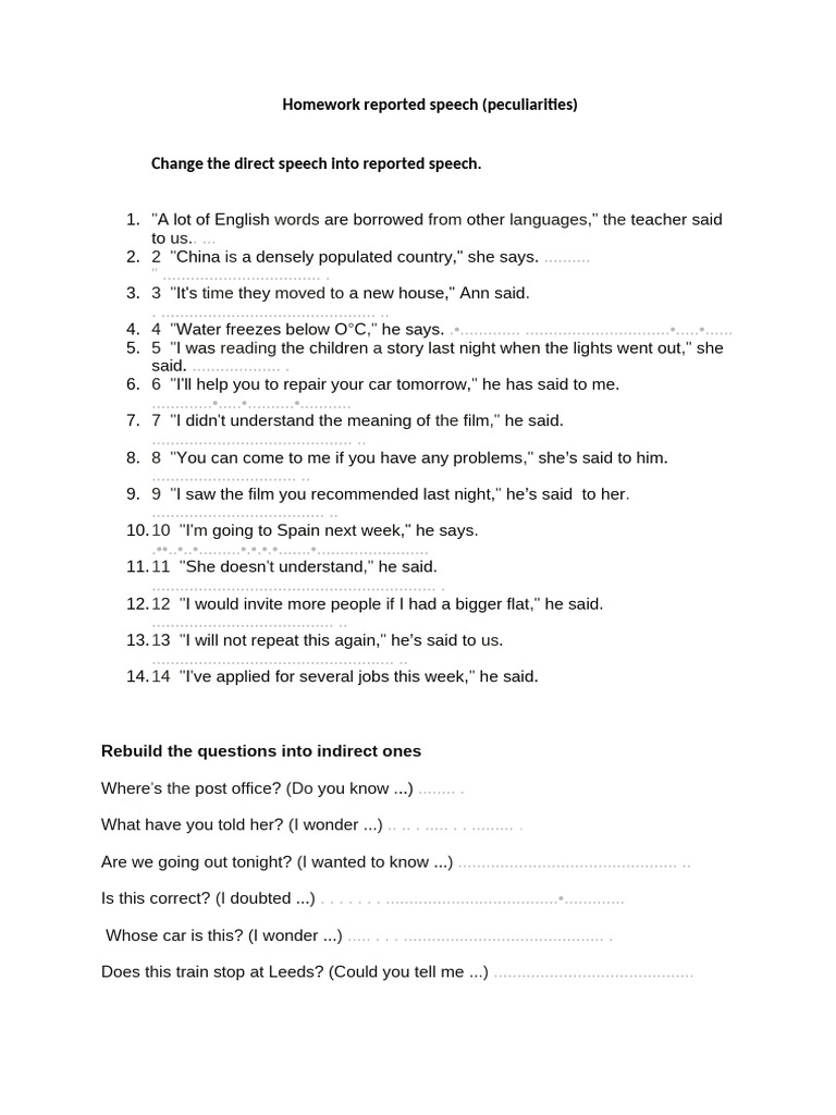 Reported Speech Homework Exercises | PDF