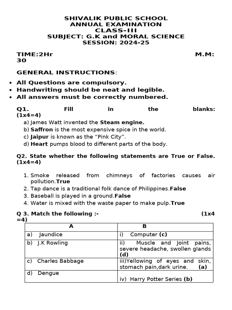 Class 3 GK Moral Science Answer Sheet | PDF