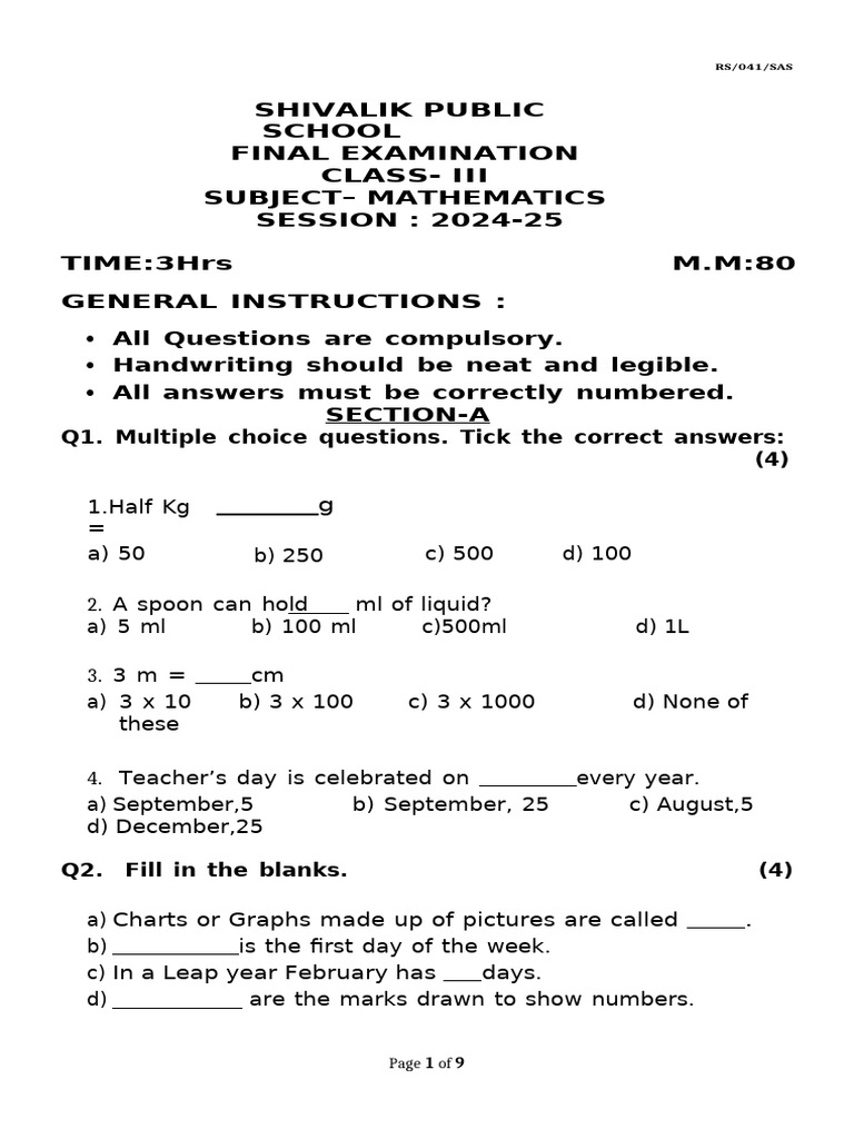 Class 3 Maths Annual Question Paper | PDF