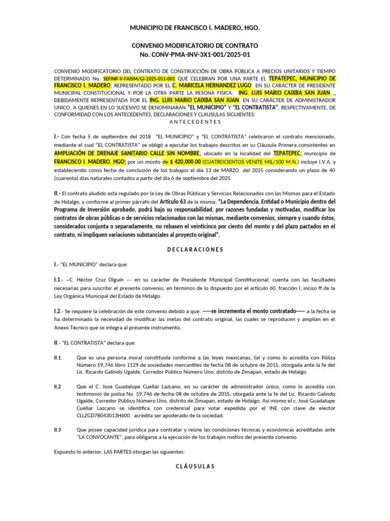 Convenio Modificatorio Del Contrato 1 | PDF | Gobierno