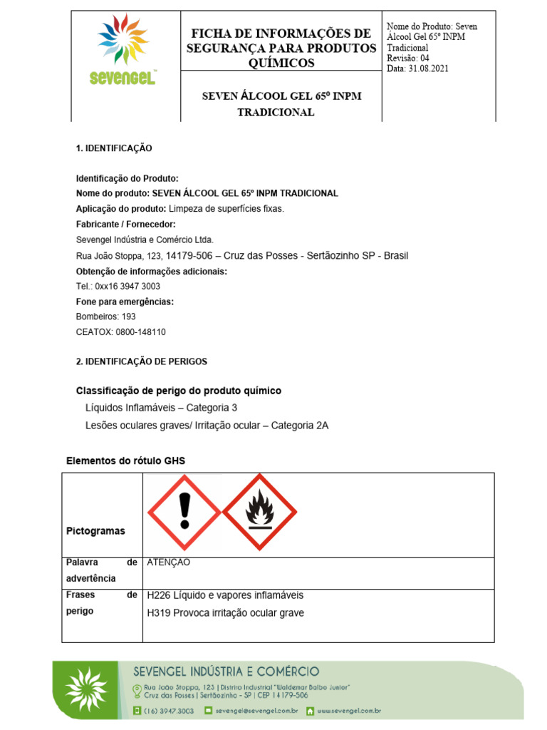 FISPQ - Seven Álcool Gel 65º INPM - Rev. | PDF | Incêndios | Desperdício