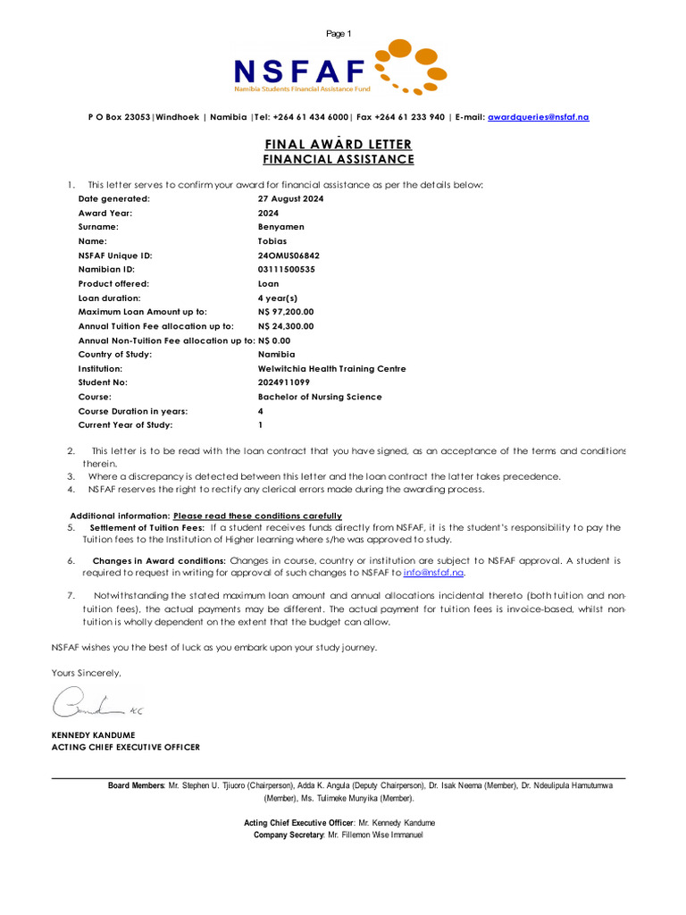 NSFAF Financial Assistance Award Letter | PDF