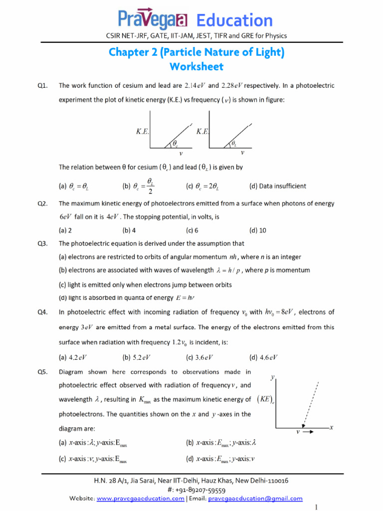 Worksheet Chapter 2 Particle Nature of Light | PDF