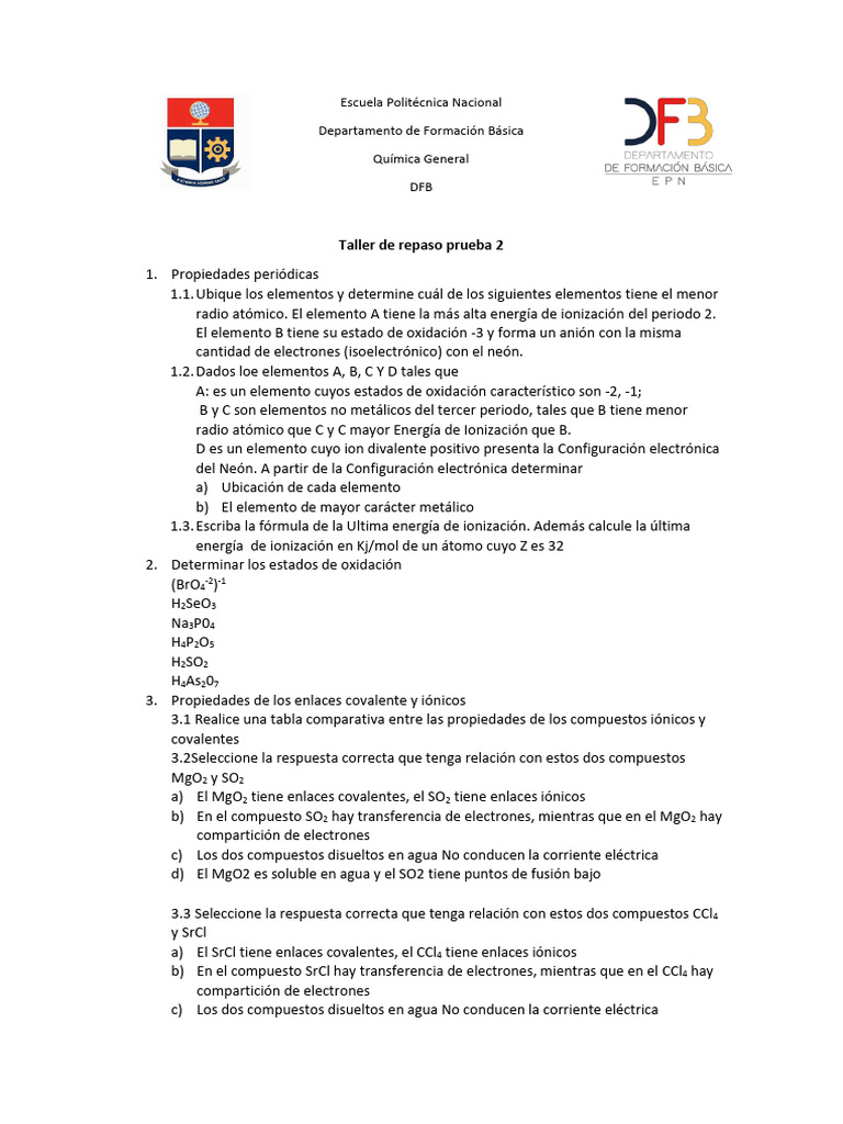 Taller 2 Repaso Prueba2 | PDF | Compuestos químicos | Enlace iónico