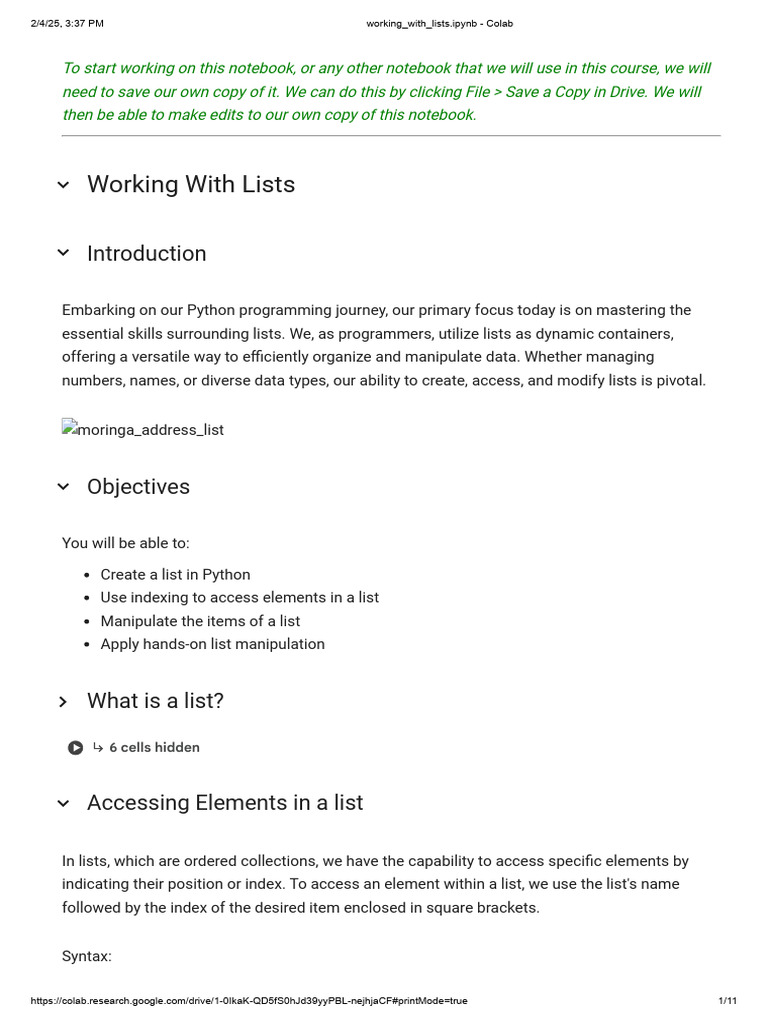 Working With Lists - Ipynb - Colab | PDF | Computer Science | Software Engineering
