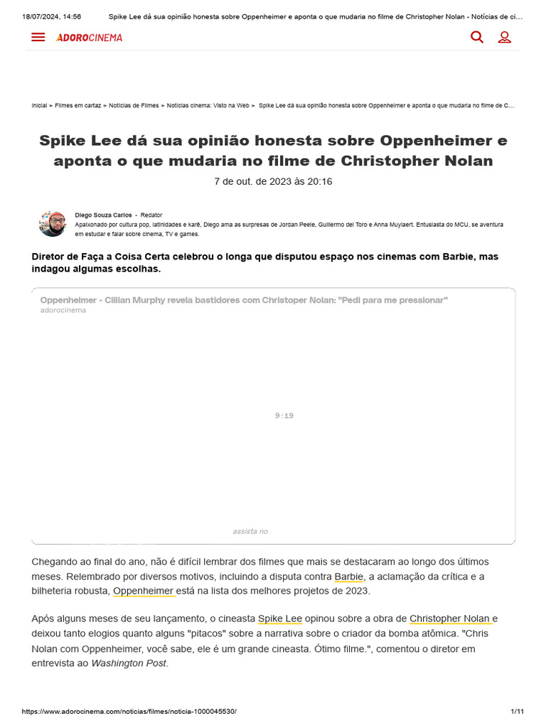 Spike Lee Dá Sua Opinião Honesta Sobre Oppenheimer e Aponta o Que Mudaria No Filme de ...