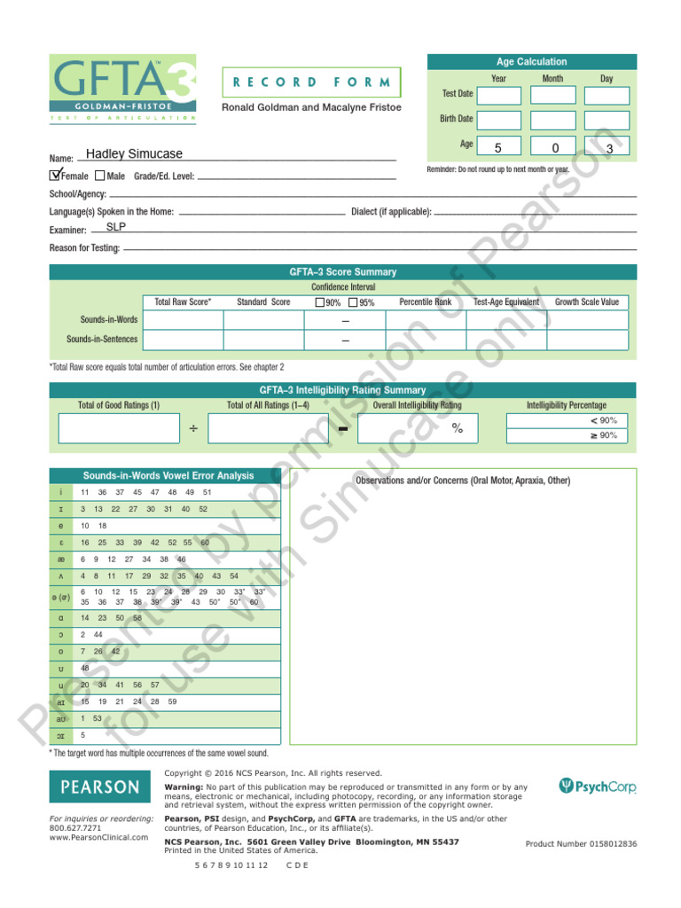 Hadley GFTA 3 Record Form | PDF | Syllable | Human Voice