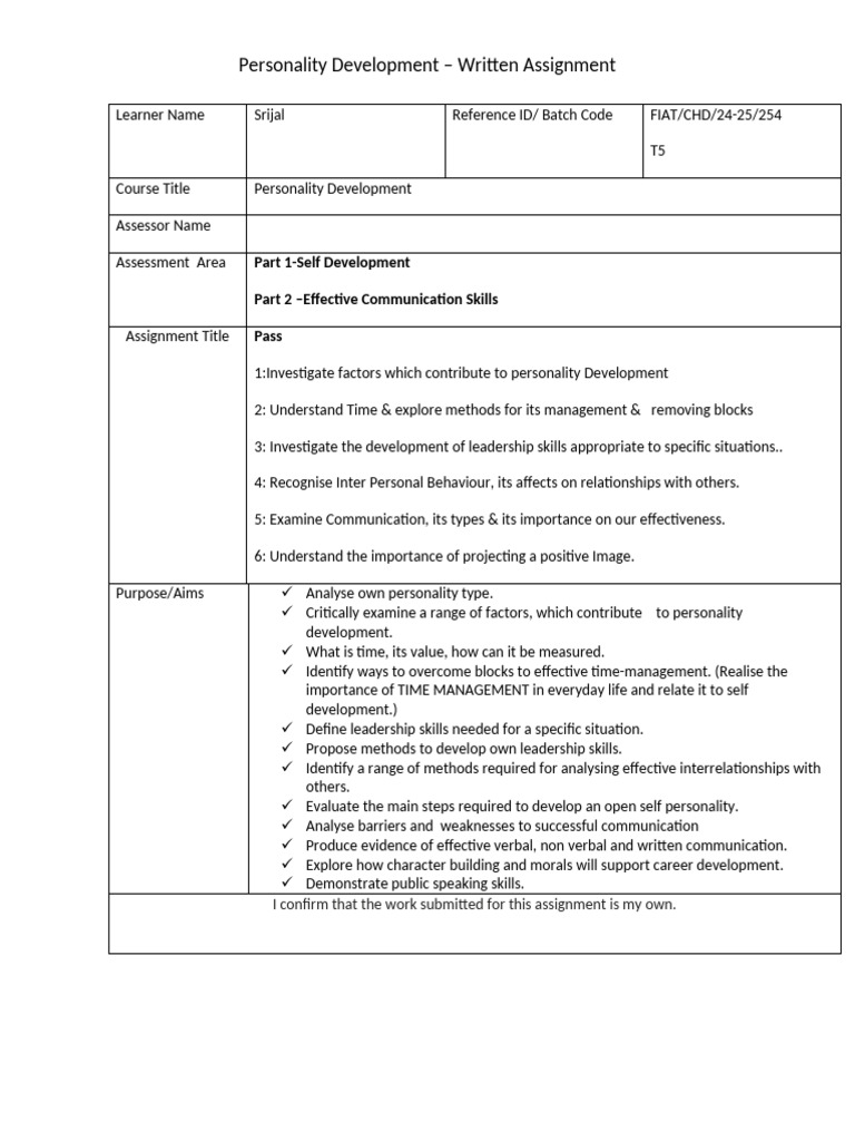 Personality Development Assignment Guide | PDF | Leadership | Goal