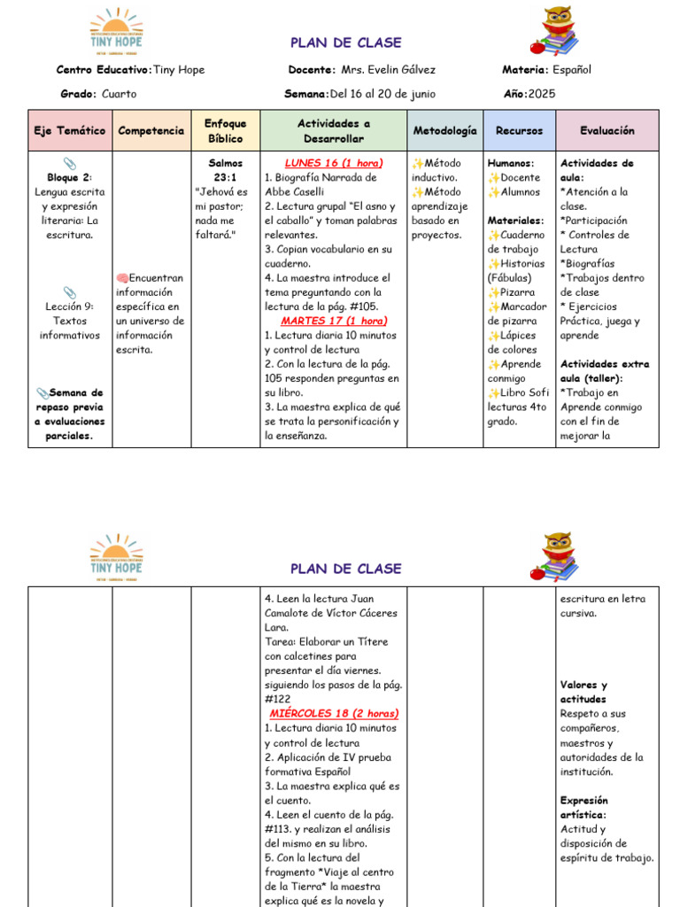 Plan de Clase Español - Semana Del 16 Al 20 de Junio | PDF | Salón de ...