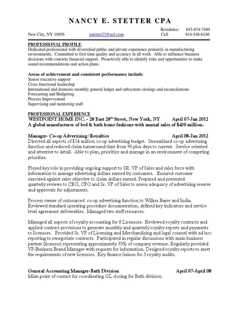 Accounting Manager Consumer Goods in NYC Resume Nancy Stetter | PDF ...