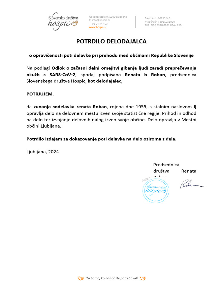 Potrdilo Delodajalca-Prehodobcin | PDF