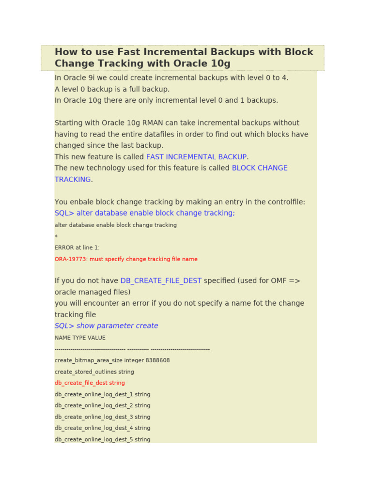 How To Use Fast Incremental Backups With Block Change Tracking With Oracle 10g | PDF | Backup ...