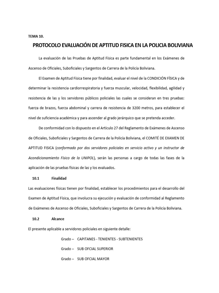 Tema 10 - Protocolo Eval. Física | PDF | Sargento | Oficial no comisionado