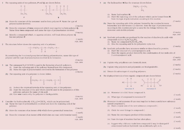 Past Paper A2 Polymers Questions | PDF