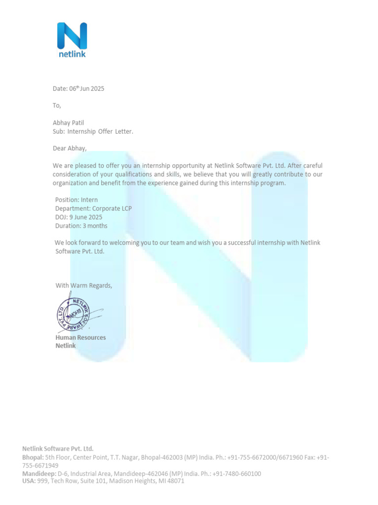 Internship Offer at Netlink Software | PDF