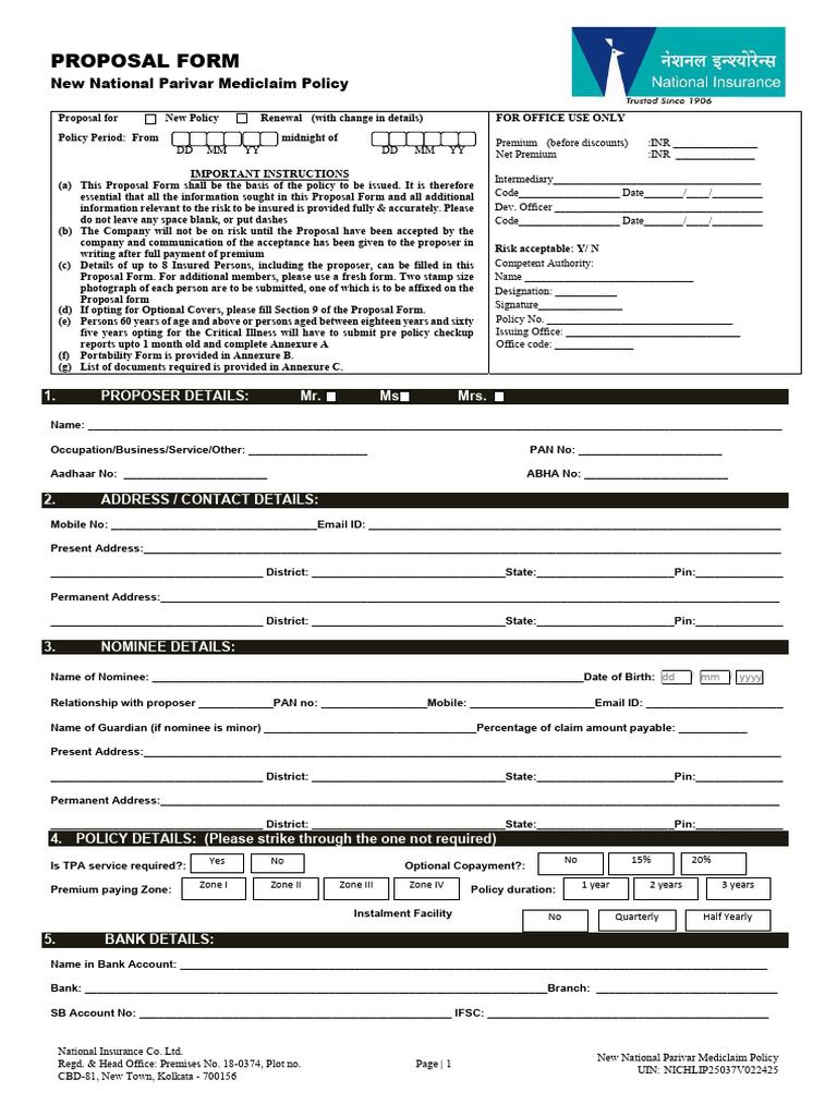 New National Parivar Policy - Proposal Form | PDF | Identity Document ...
