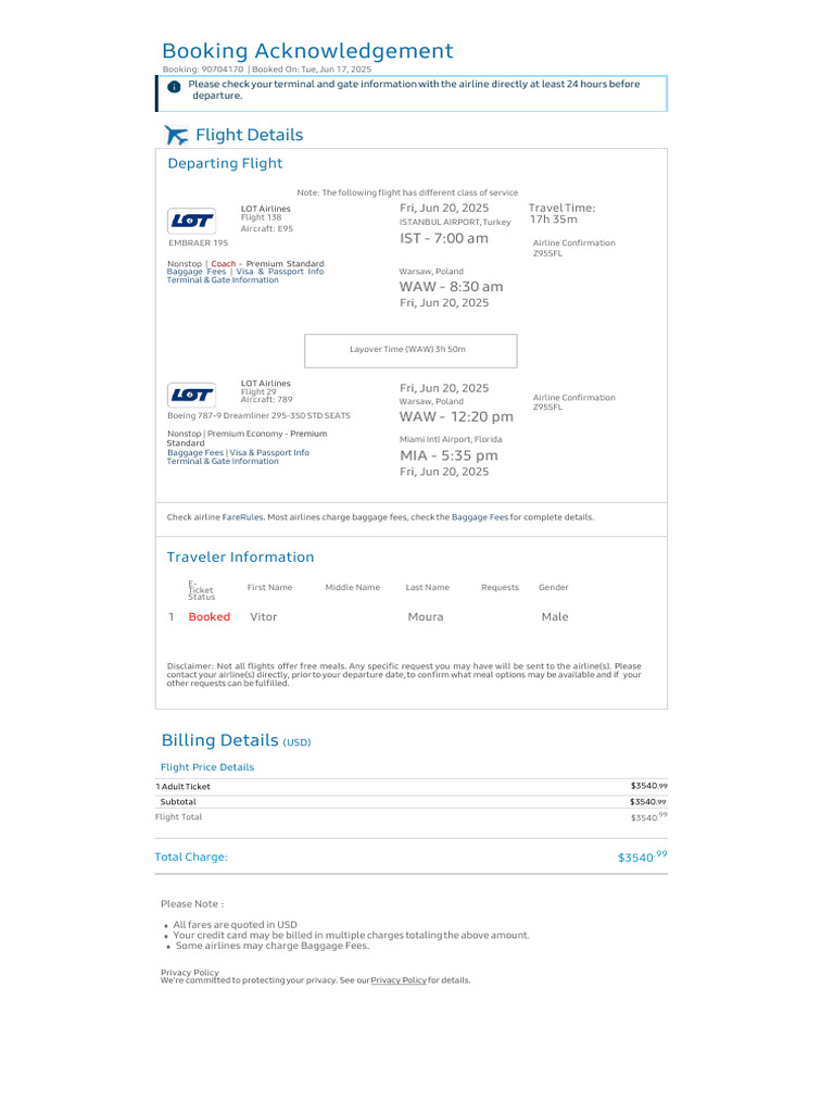 Flight Booking Confirmation: LOT Airlines | PDF | Airlines | Transport