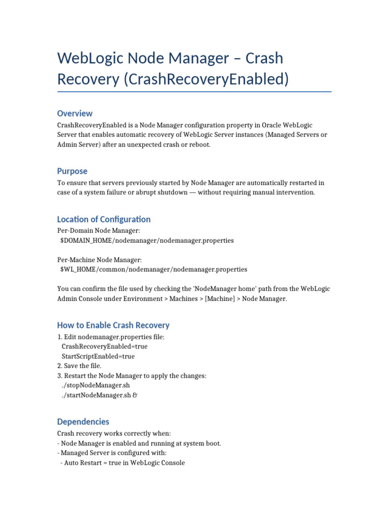 WebLogic CrashRecoveryEnabled Documentation | PDF | Server (Computing) | Booting