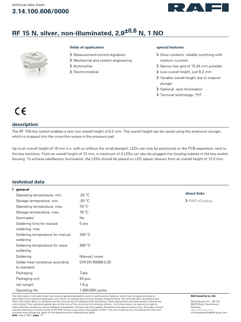 RF 15N Key Switch Technical Data Sheet | PDF | Soldering | Trademark