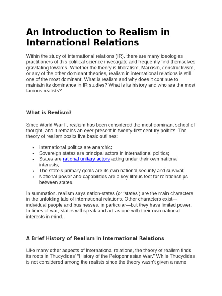 An Introduction To Realism in International Relations | PDF ...