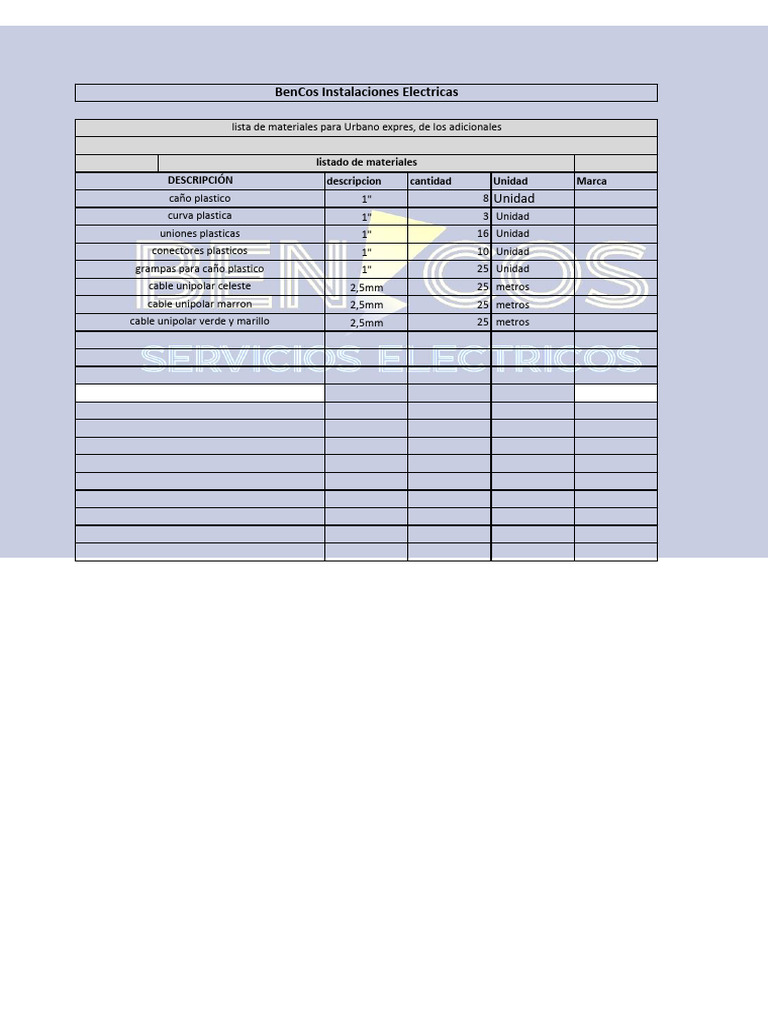 Lista de Materiales Urbano Expres Adicionales | PDF