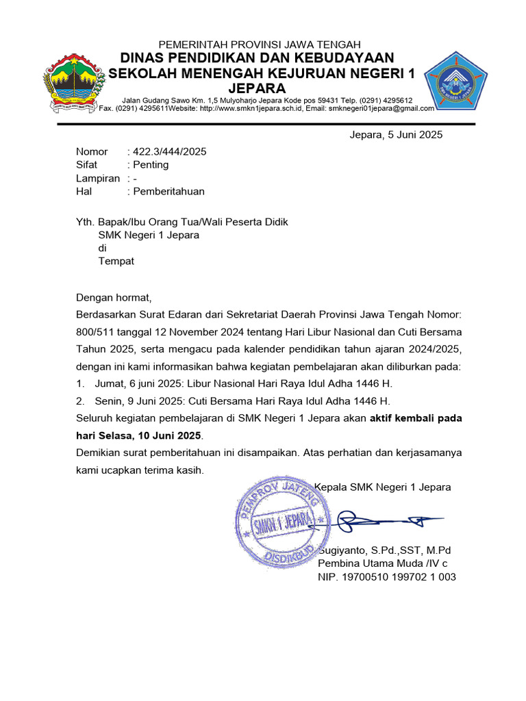 Surat Pemberitahuan Libur Idul Adha - Sign1 | PDF