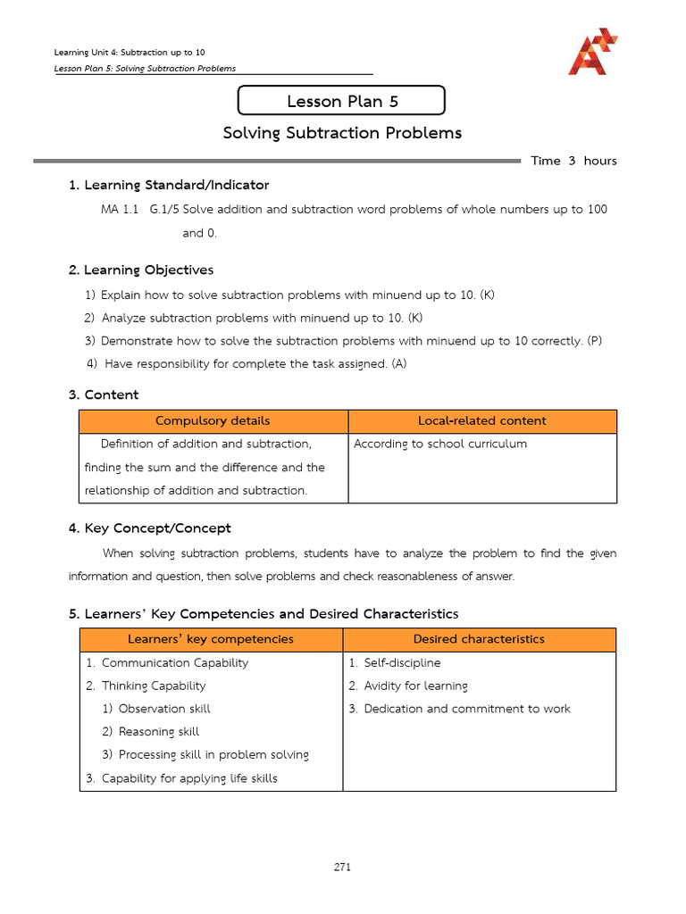 Subtraction Lesson Plan for Grade K | PDF | Learning | Subtraction