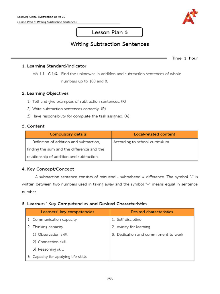 Writing Subtraction Sentences Lesson Plan | PDF | Subtraction | Learning