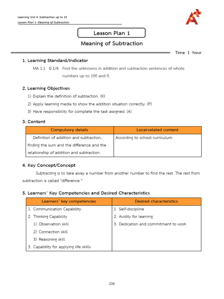 Subtraction Lesson Plan for Kids | PDF | Learning | Lesson Plan