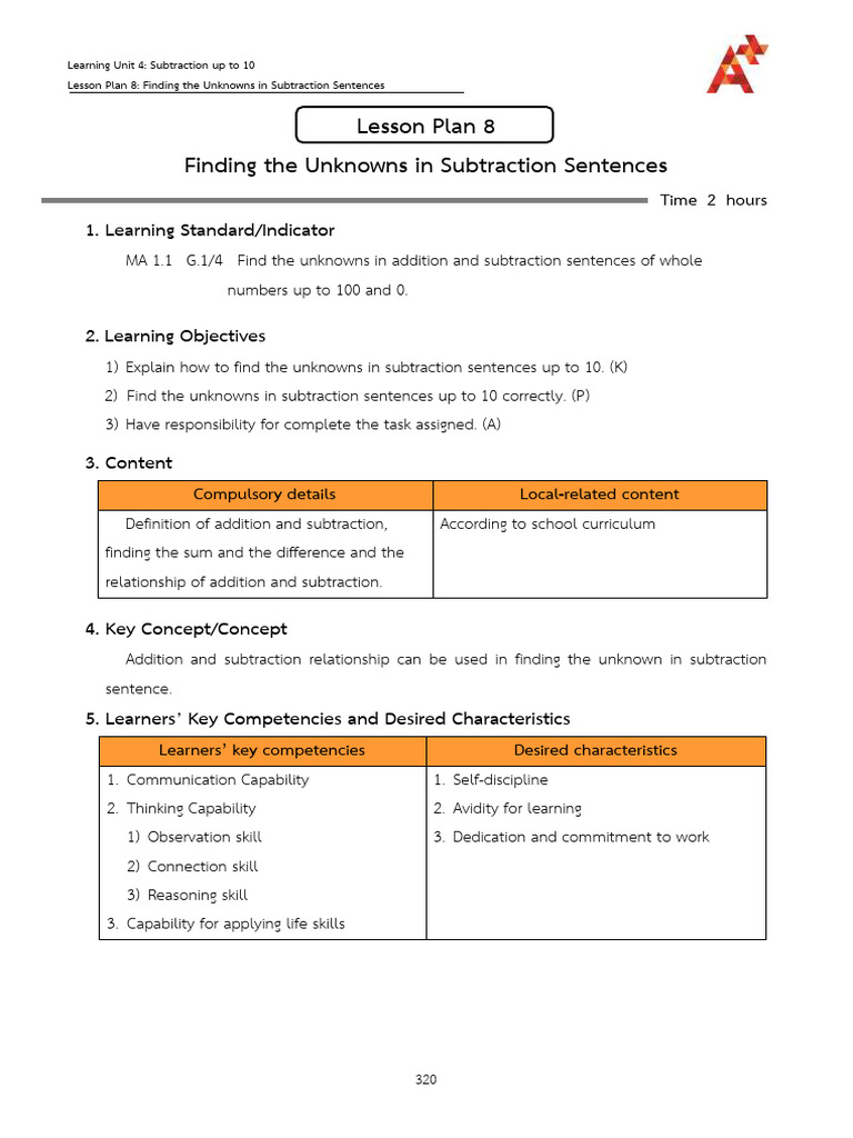 Lesson Plan 4-8 Finding The Unknowns in Subtraction Sentences | PDF ...