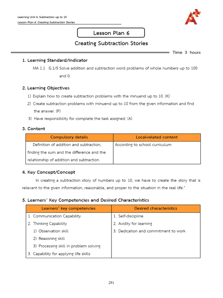 Lesson Plan 4-6 Creating Subtraction Stories | PDF | Subtraction | Learning