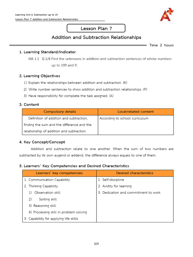Lesson Plan 4-7 Addition and Subtraction Relationships | PDF | Learning ...