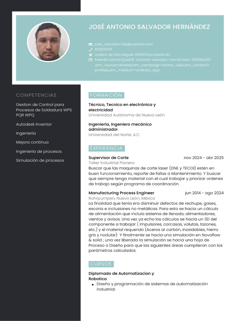 CV Jos É Antonio Salvador Hernández | PDF | Ingeniería | Sector secundario de la economía