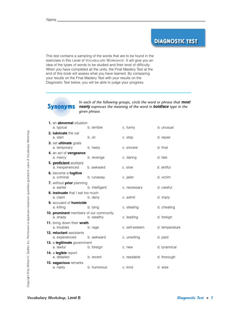 Vocabulary Workshop Level B Test | PDF | Vocabulary | Lexical Semantics